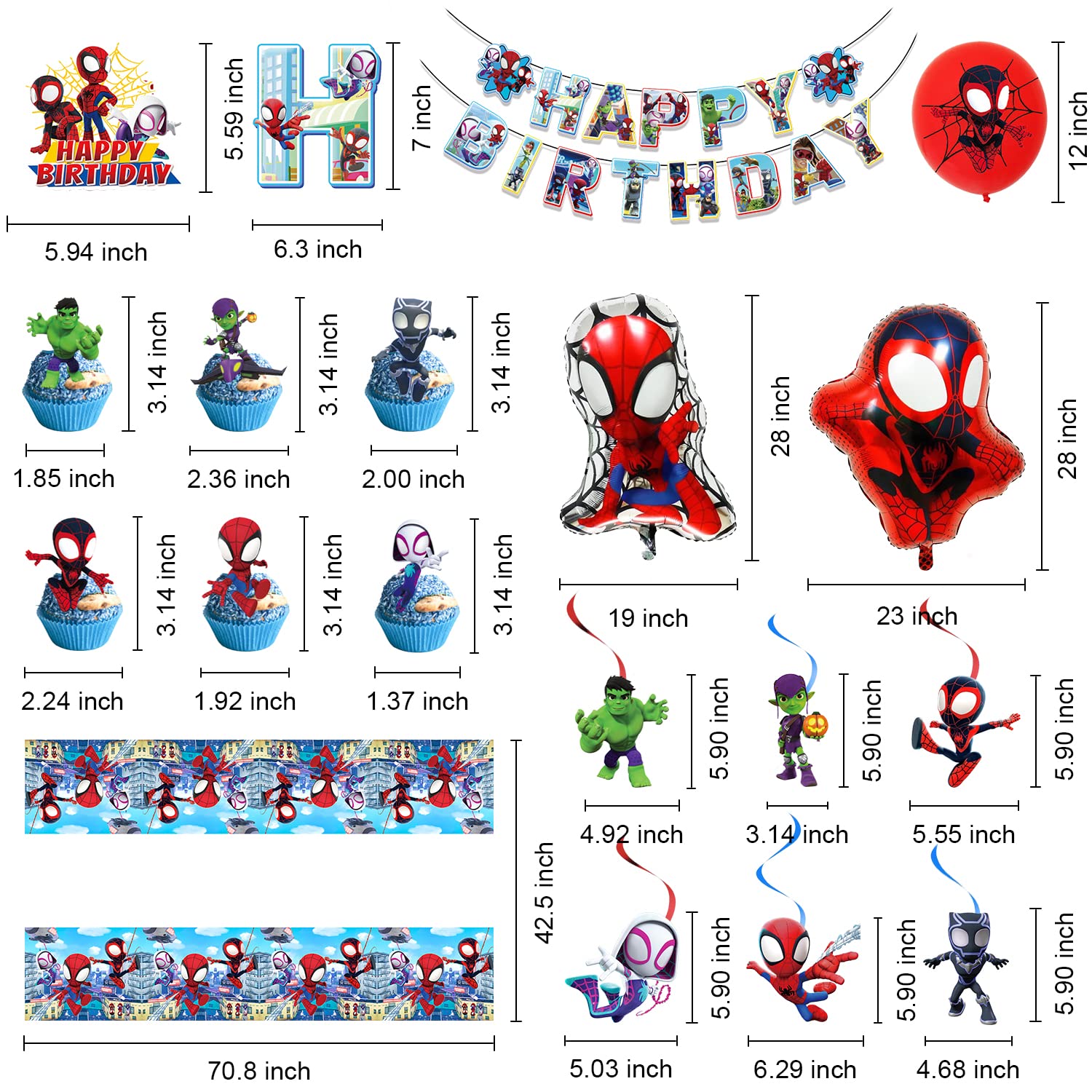 Spidey and His Amazing Friends Birthday Decorations, Party Supplies Set Include Banner, Balloons, Hanging Swirls, Cake Cupcake Toppers, Tablecloth for Boys Girls Spidey Theme Party