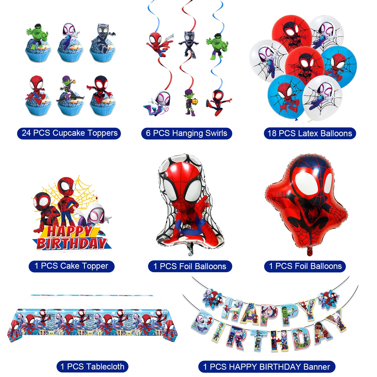 Spidey and His Amazing Friends Birthday Decorations, Party Supplies Set Include Banner, Balloons, Hanging Swirls, Cake Cupcake Toppers, Tablecloth for Boys Girls Spidey Theme Party