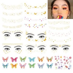 divawoo 32 sheets face temporary tattoo, 20 sheets glitter metallic freckle tattoos, 12 pcs butterflies fake tattoos stickers for festival makeup rave accessories