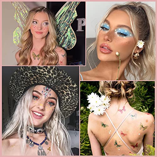 DIVAWOO 32 Sheets Face Temporary Tattoo, 20 sheets Glitter Metallic Freckle Tattoos, 12 PCS Butterflies Fake Tattoos Stickers for Festival Makeup Rave Accessories