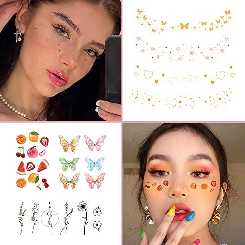 DIVAWOO 32 Sheets Face Temporary Tattoo, 20 sheets Glitter Metallic Freckle Tattoos, 12 PCS Butterflies Fake Tattoos Stickers for Festival Makeup Rave Accessories