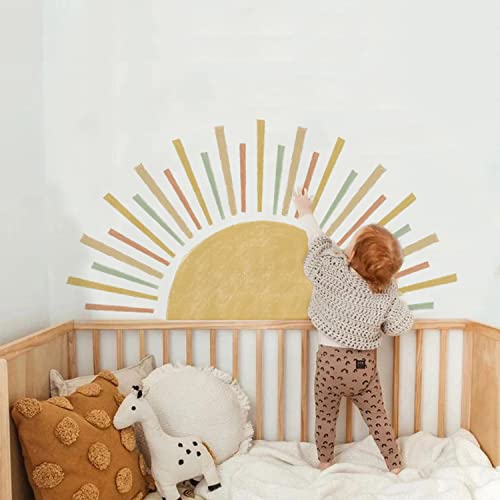 astrkiz Large Boho Half Sun Wall Decals Peel and Stick, Watercolor Pastel Sun Decal Sunrise Wall Murals Stickers, Sunshine Wall Stickers for Kids Room Playroom Nursery Bedroom, 48.07" x 24.82"