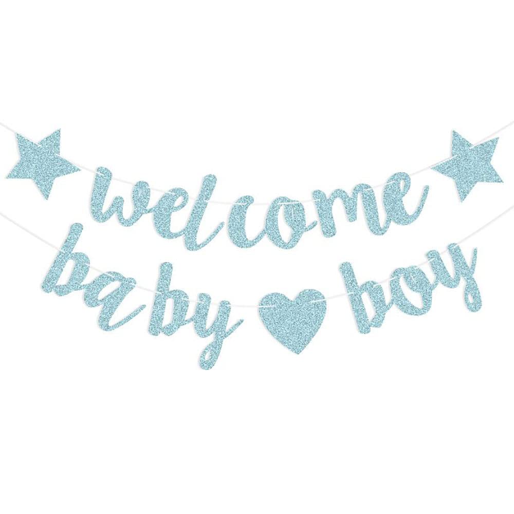 KUNGOON Welcome Baby Boy Party Banner,Blue Gold Glitter Paper Sign for Baby Shower,Baby Boy Party Decoration Gifts.(blue)