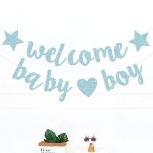 KUNGOON Welcome Baby Boy Party Banner,Blue Gold Glitter Paper Sign for Baby Shower,Baby Boy Party Decoration Gifts.(blue)