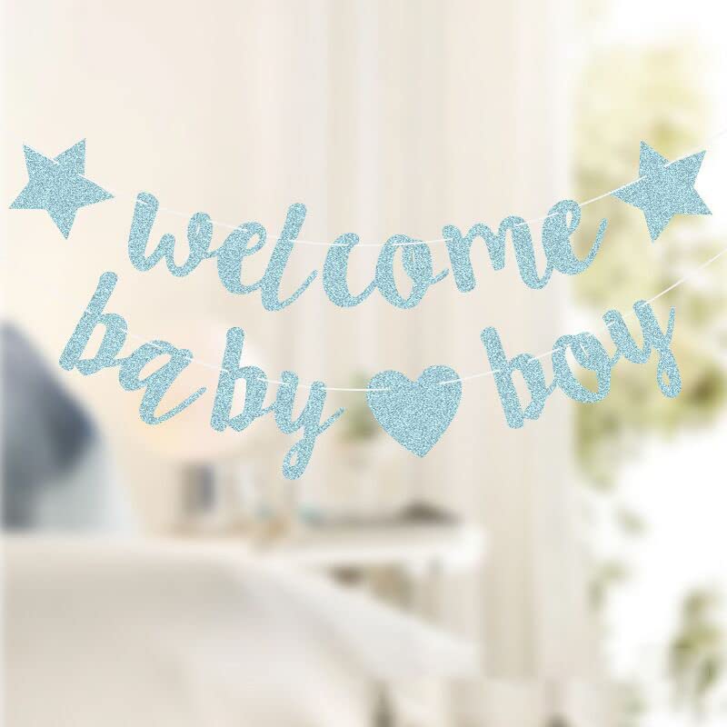 KUNGOON Welcome Baby Boy Party Banner,Blue Gold Glitter Paper Sign for Baby Shower,Baby Boy Party Decoration Gifts.(blue)