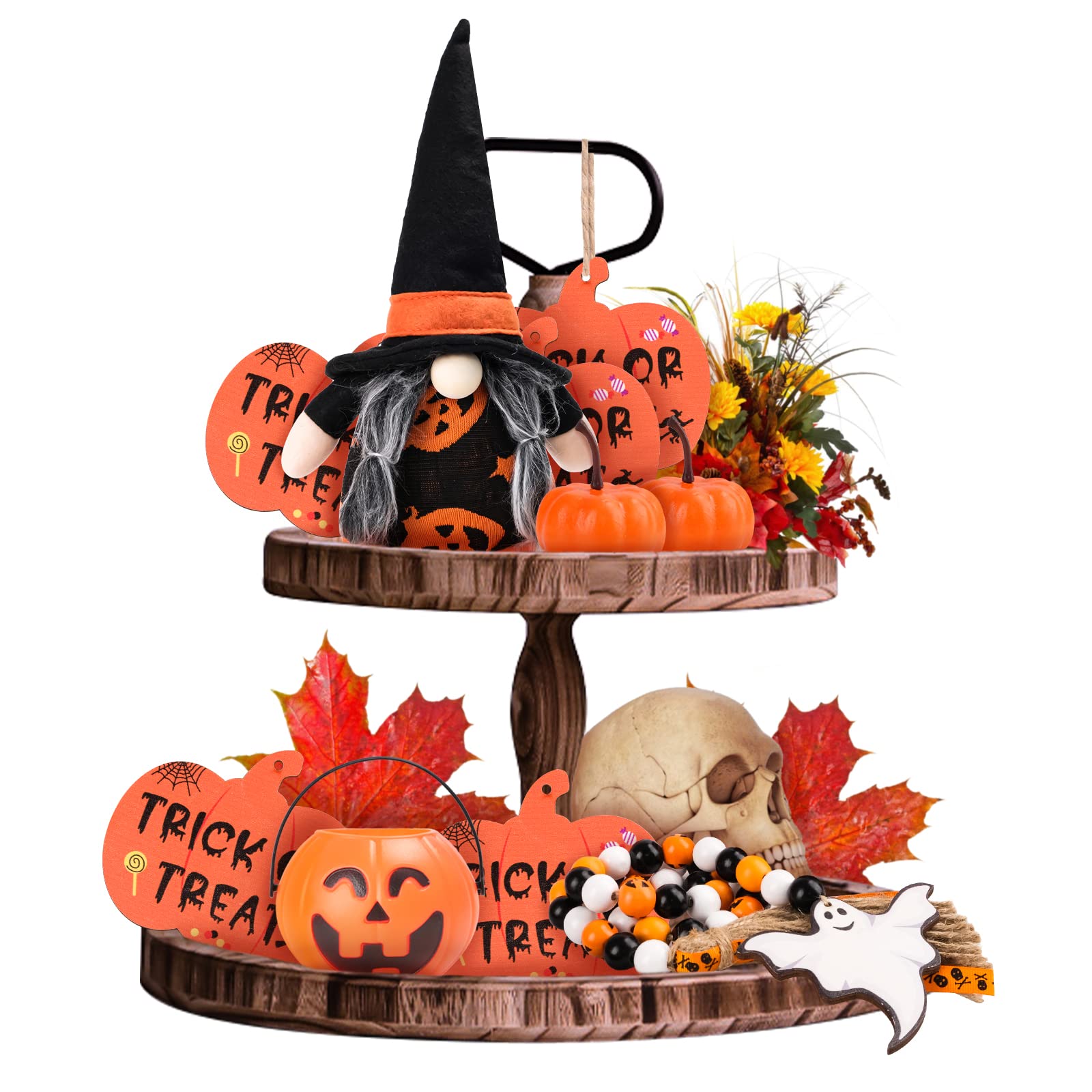 Halloween Tiered Tray Decor Home Table Deccorations - Cute Gnomes Plush and Bead Garland, Trick or Treat Signs Pumpkin Bucket with Led, Foam Pumpkin, Farmhouse Rustic, Black