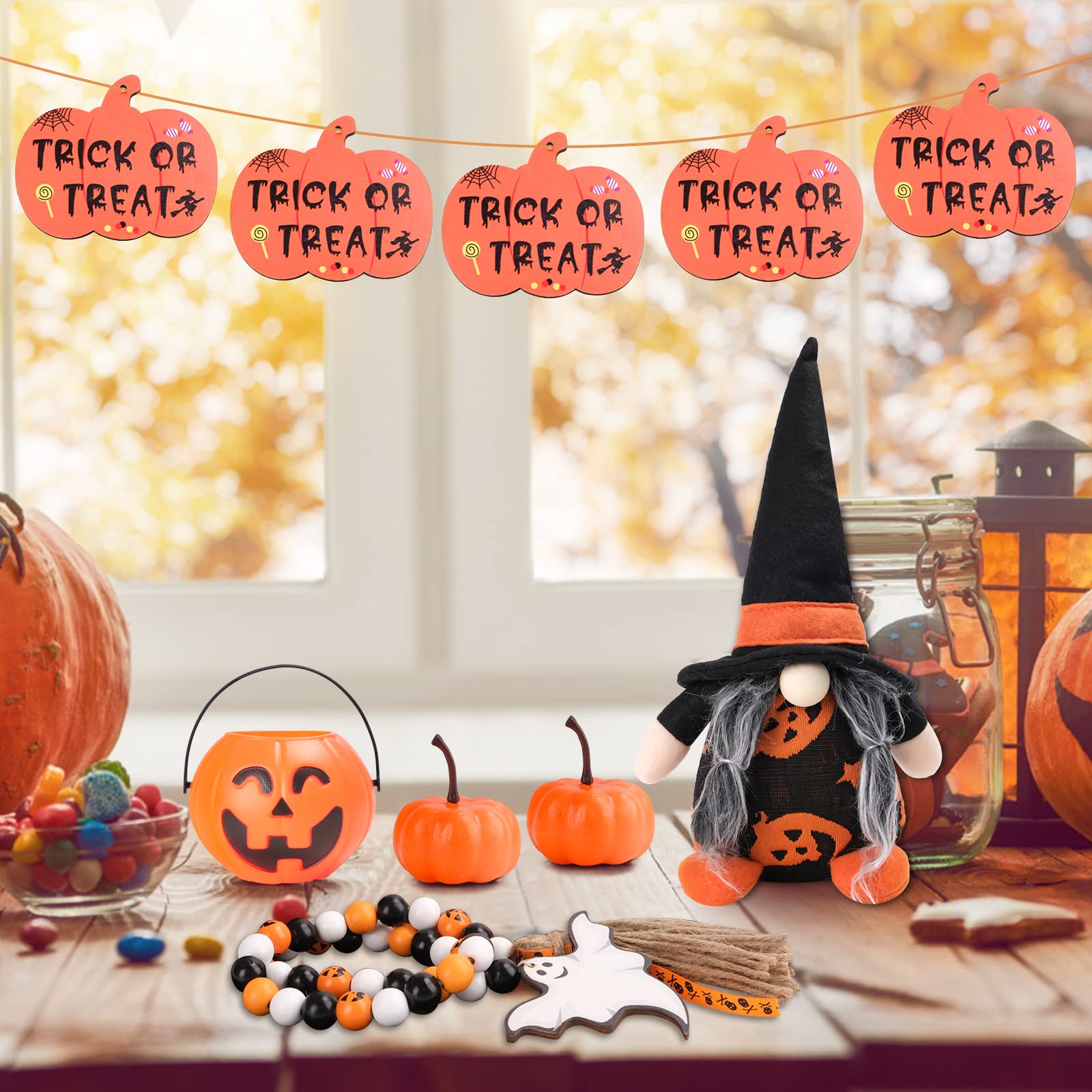 Halloween Tiered Tray Decor Home Table Deccorations - Cute Gnomes Plush and Bead Garland, Trick or Treat Signs Pumpkin Bucket with Led, Foam Pumpkin, Farmhouse Rustic, Black