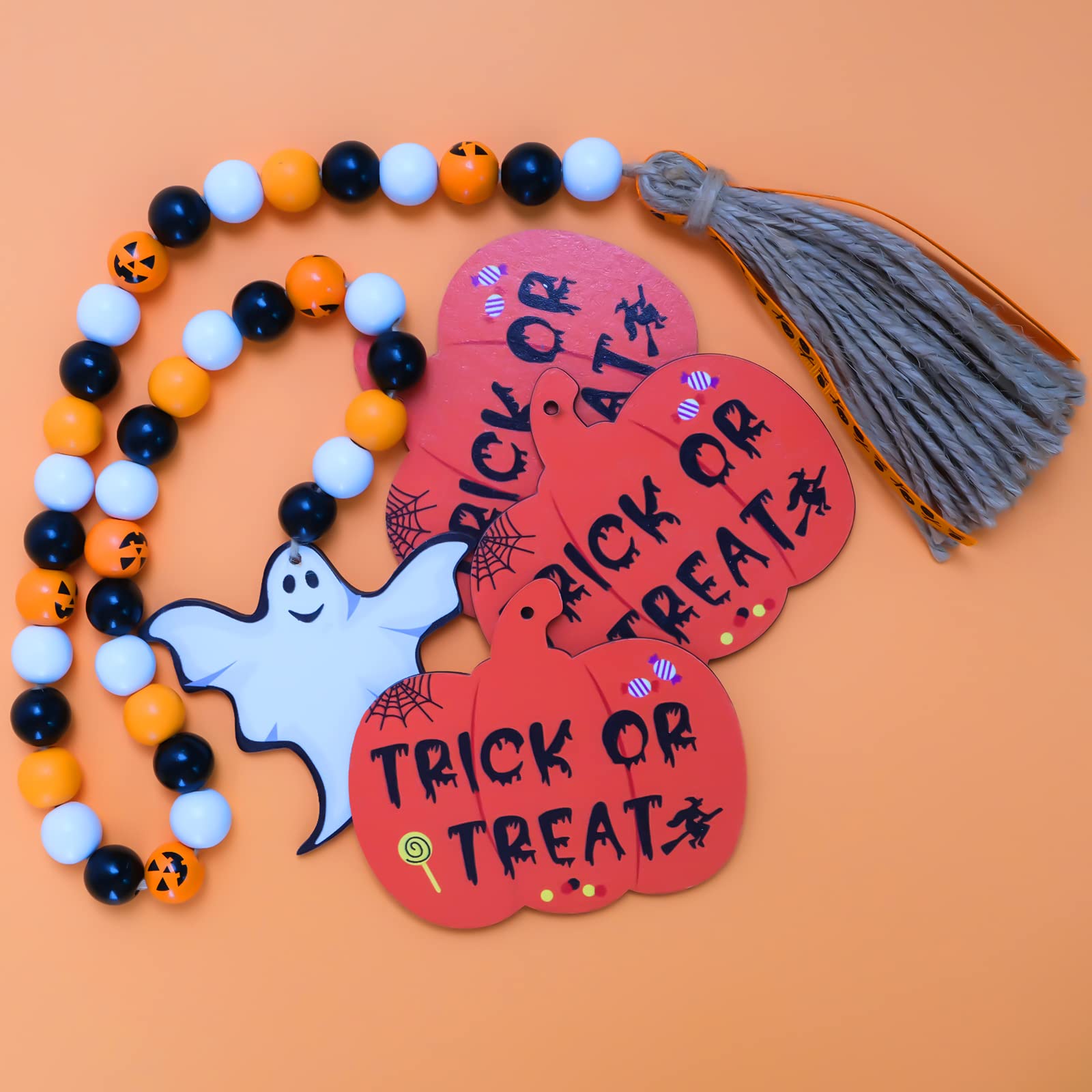 Halloween Tiered Tray Decor Home Table Deccorations - Cute Gnomes Plush and Bead Garland, Trick or Treat Signs Pumpkin Bucket with Led, Foam Pumpkin, Farmhouse Rustic, Black