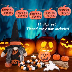 Halloween Tiered Tray Decor Home Table Deccorations - Cute Gnomes Plush and Bead Garland, Trick or Treat Signs Pumpkin Bucket with Led, Foam Pumpkin, Farmhouse Rustic, Black