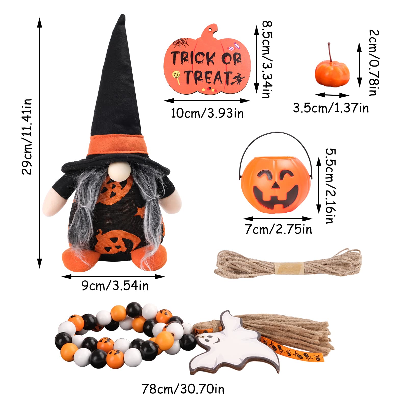 Halloween Tiered Tray Decor Home Table Deccorations - Cute Gnomes Plush and Bead Garland, Trick or Treat Signs Pumpkin Bucket with Led, Foam Pumpkin, Farmhouse Rustic, Black