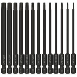 torx bit set, lattook 13-piece security tamper proof torx star bits set, magnetic s2 steel, 4'' long, t5 - t40