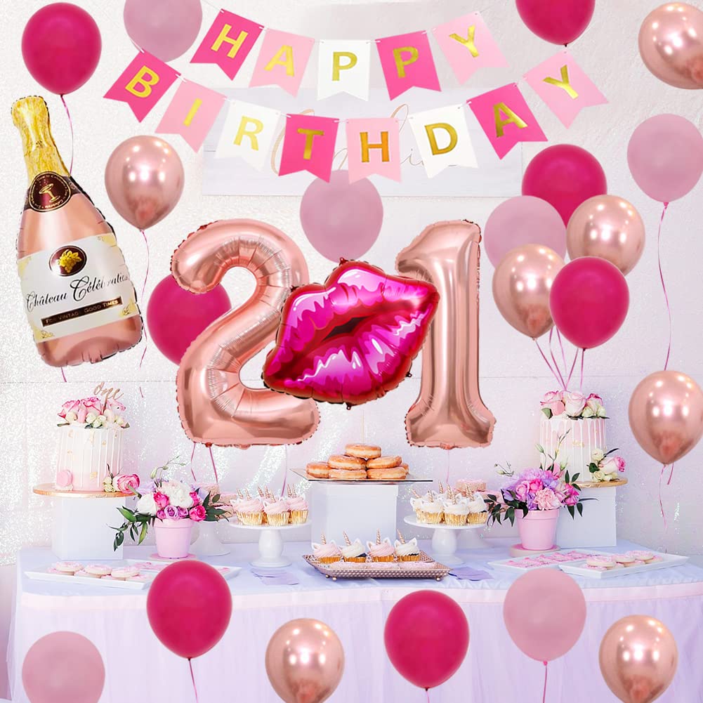 Pink 21st Birthday Decorations for Her Rose Gold Hot Pink Balloons, Happy Birthday Banner Pink, 21 Balloon Number Rose Gold, Hot Pink Lips Balloon, Champagne Bottle Balloon, Finally 21 Bday Supplies