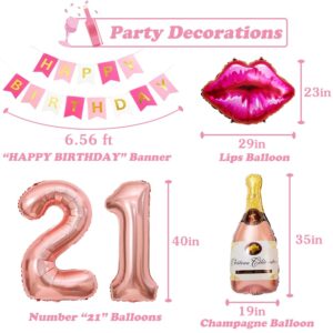 Pink 21st Birthday Decorations for Her Rose Gold Hot Pink Balloons, Happy Birthday Banner Pink, 21 Balloon Number Rose Gold, Hot Pink Lips Balloon, Champagne Bottle Balloon, Finally 21 Bday Supplies