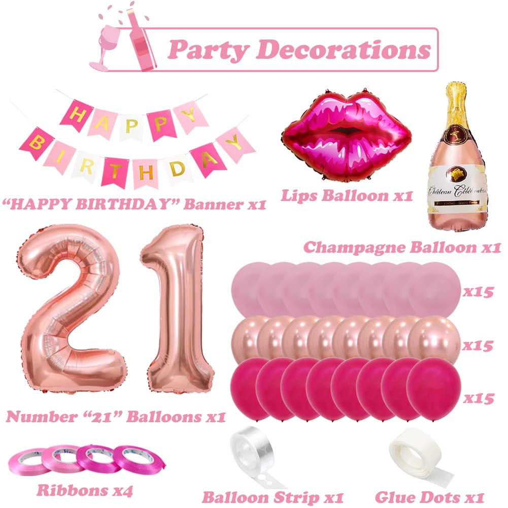 Pink 21st Birthday Decorations for Her Rose Gold Hot Pink Balloons, Happy Birthday Banner Pink, 21 Balloon Number Rose Gold, Hot Pink Lips Balloon, Champagne Bottle Balloon, Finally 21 Bday Supplies