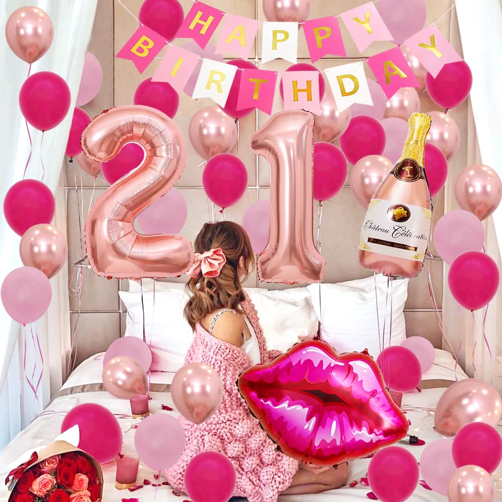 Pink 21st Birthday Decorations for Her Rose Gold Hot Pink Balloons, Happy Birthday Banner Pink, 21 Balloon Number Rose Gold, Hot Pink Lips Balloon, Champagne Bottle Balloon, Finally 21 Bday Supplies