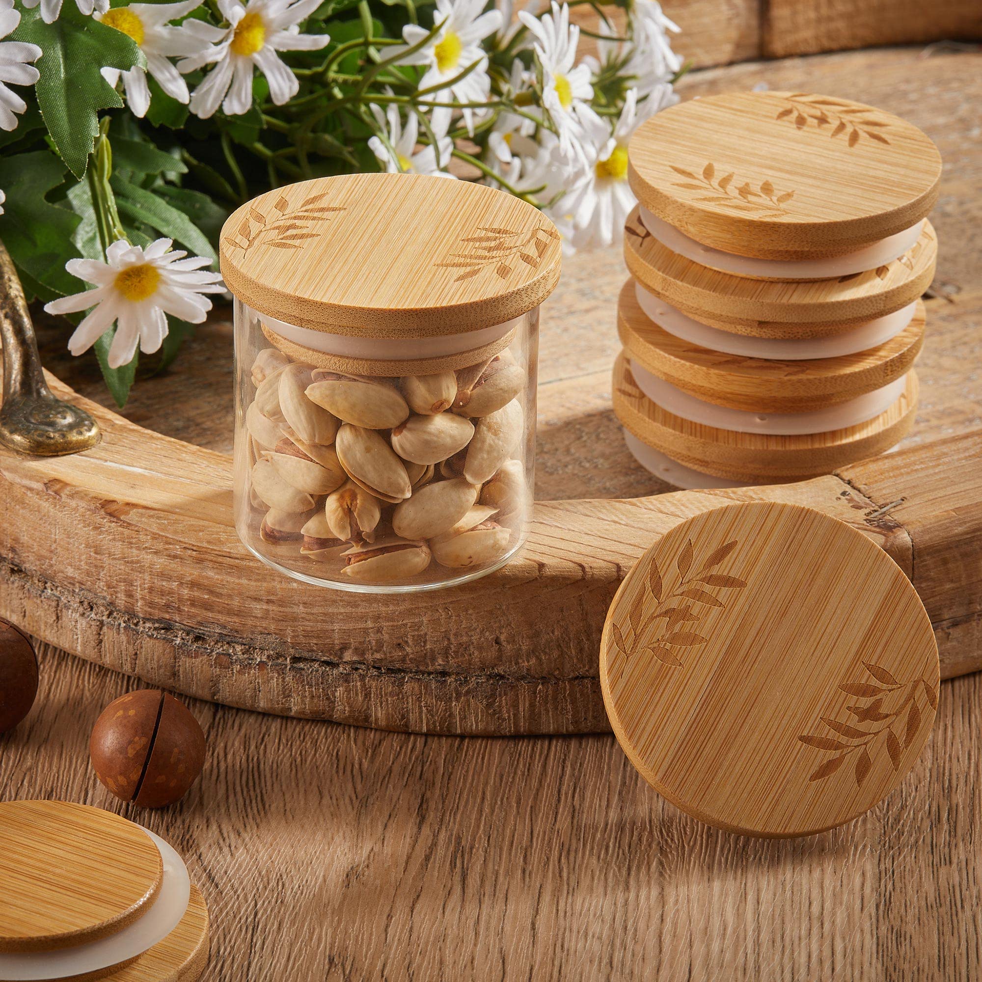 Tessco 6 Pcs Yogurt Jar Lids Set Bamboo Jar Lids Wooden Lids Compatible with Oui Yogurt Jars Round Reusable Canning Lids Covers for Yogurt Jars with Silicone Sealing Rings for Yogurt Food Storage