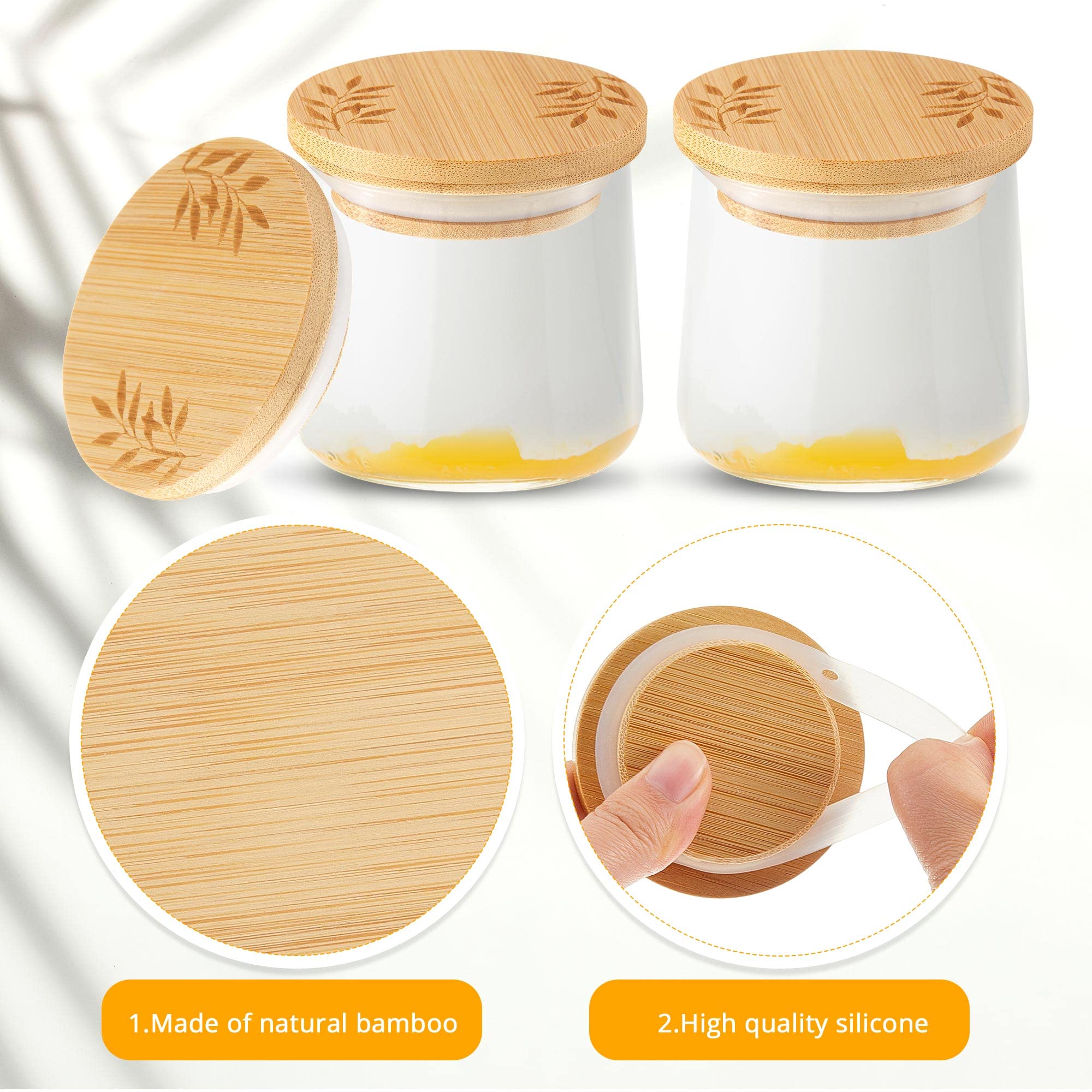 Tessco 6 Pcs Yogurt Jar Lids Set Bamboo Jar Lids Wooden Lids Compatible with Oui Yogurt Jars Round Reusable Canning Lids Covers for Yogurt Jars with Silicone Sealing Rings for Yogurt Food Storage