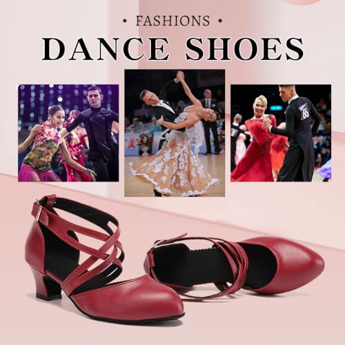 YKXLM Women's Ballroom Dance Shoes Closed Toe T-Strap Latin Salsa Tango Practice Performance Character Dancing Shoes,7161,Red,8 US