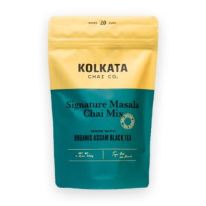 kolkata chai signature masala chai mix, 100% organic black tea, makes 20 cups, premium loose leaf tea and spice blend, all natural, 4.23 oz