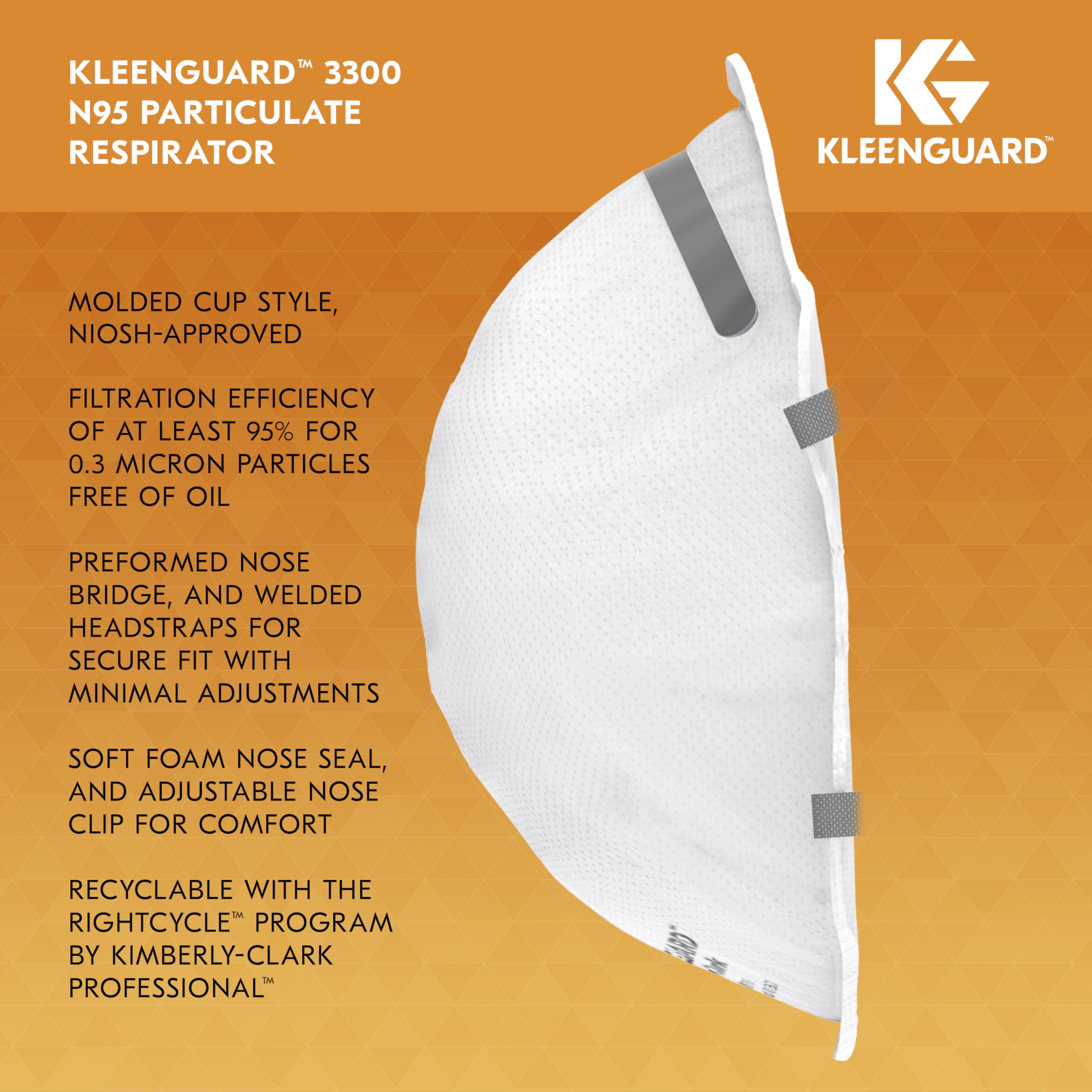 Kleenguard™ 3300 Series N95 Particulate Respirator (54625), RA3315 Molded Cup Style, NIOSH-Approved, Regular Fit, White (20 Respirators/Box)