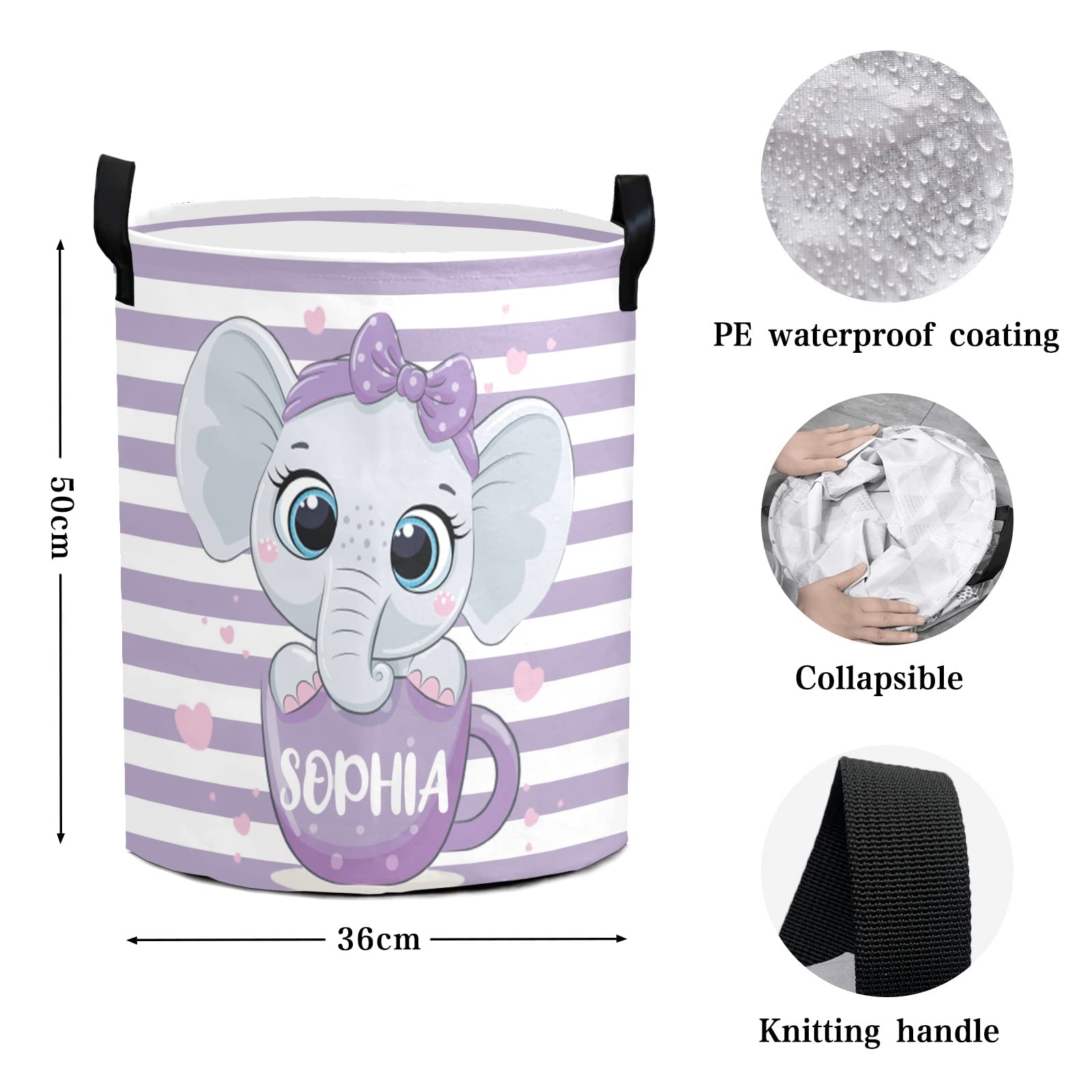 Personalized Baby Laundry Basket for Boys Girls with Name Custom Laundry Hamper with Handle Collapsible Organizer Storage Bathroom Living Room Bedroom Decor (Baby Elephant)