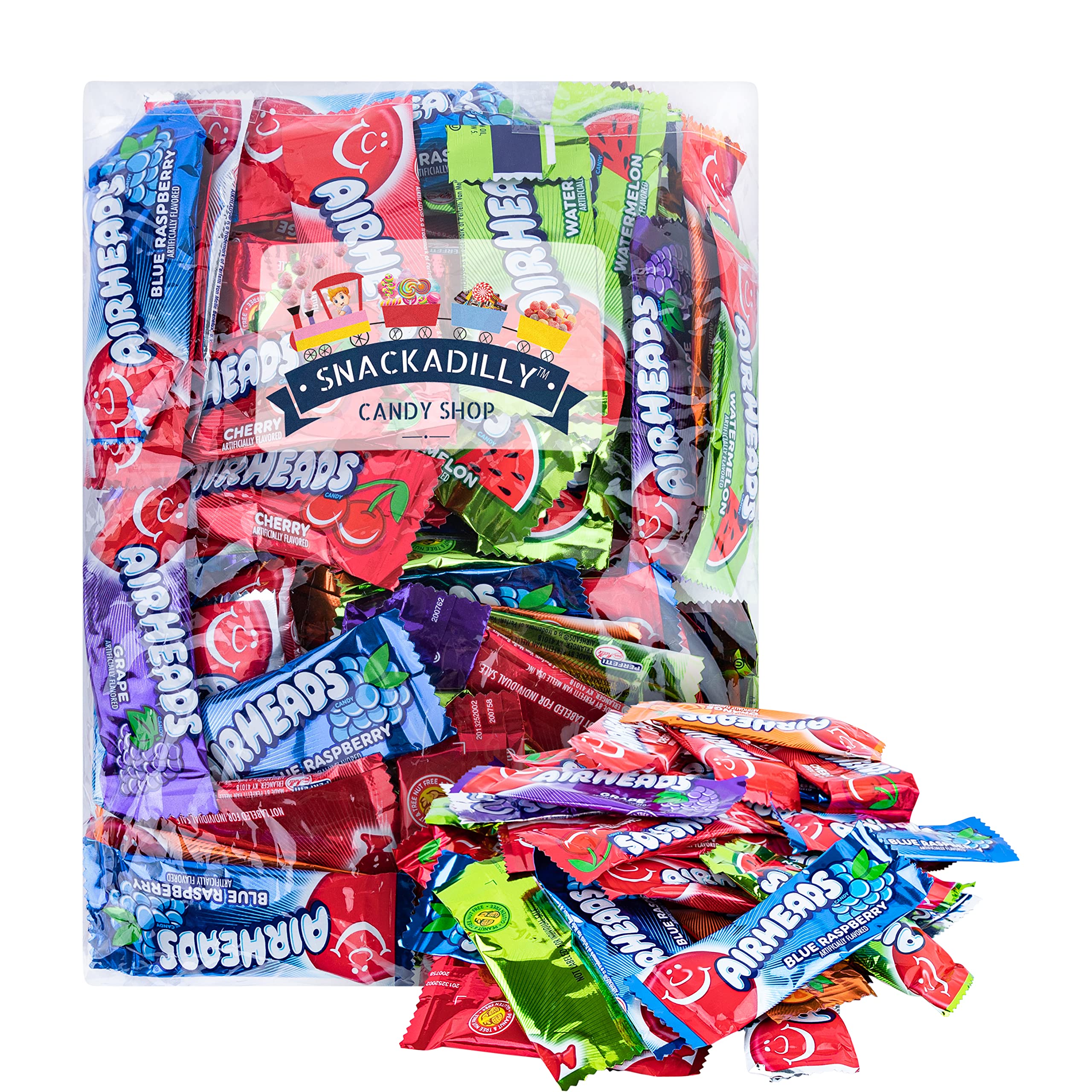 Airheadz Mini Bars Assortment - Cherry, Orange, Lime, Blue Raspberry, & White Mystery Flavors 1.5lb Bag Packaged By Snackadilly