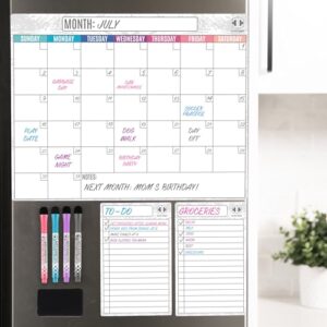 clever corner dry erase magnetic calendar for refrigerator 16.5x13; 2 wide notepads; 4 markers; eraser - no stain monthly fridge calendar whiteboard