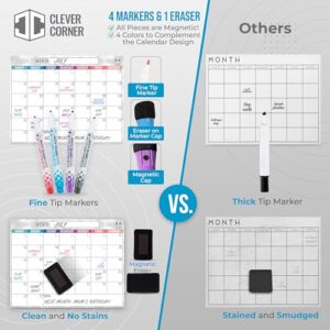 CLEVER CORNER Dry Erase Magnetic Calendar for Refrigerator 16.5x13; 2 Wide Notepads; 4 Markers; Eraser - No Stain Monthly Fridge Calendar Whiteboard