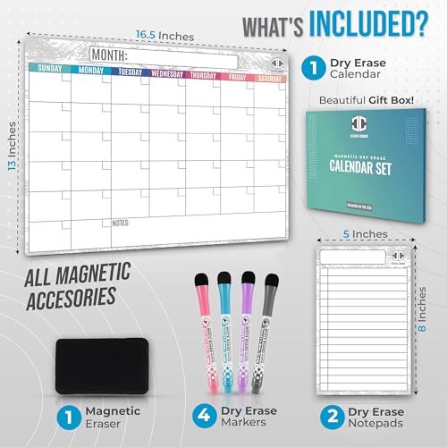 CLEVER CORNER Dry Erase Magnetic Calendar for Refrigerator 16.5x13; 2 Wide Notepads; 4 Markers; Eraser - No Stain Monthly Fridge Calendar Whiteboard