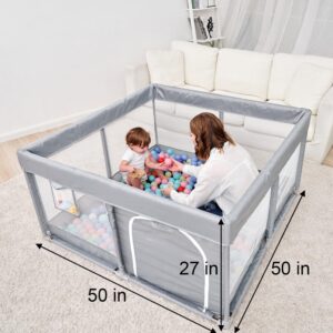 PandaEar Large Playpen for Toddlers, Sturdy Baby Play Yards with Soft Breathable Mesh, Indoor & Outdoor Kids Activity for Infant Safety (50"×50")-Grey