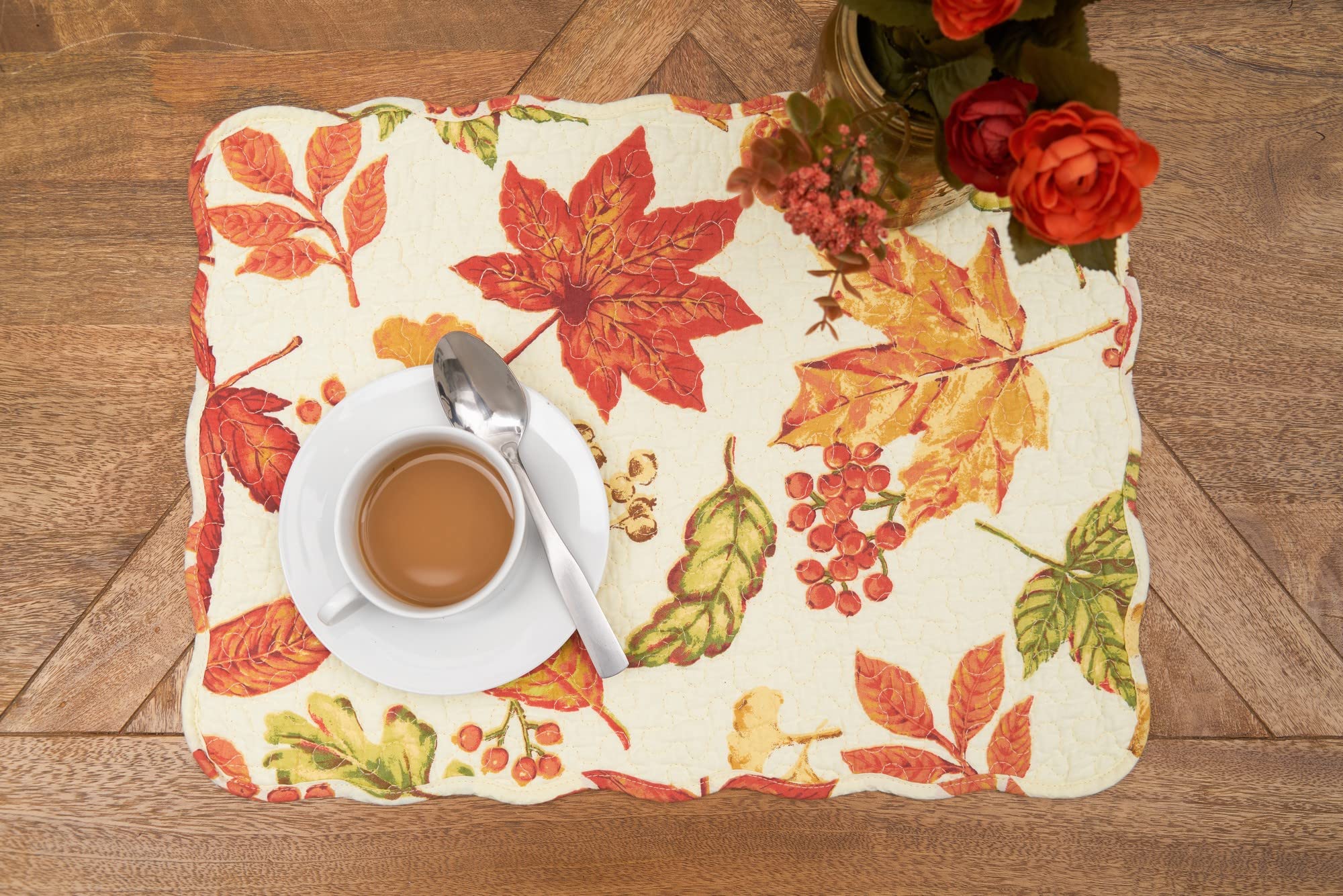 C&F Home Rylie Cotton Quilted Reversible Placemat Set 6 Rectangle Oblong Machine Washable Mats Floral Leaves Fall Harvest for Kitchen or Dining Table Rectangular Placemat Set of 6 Orange