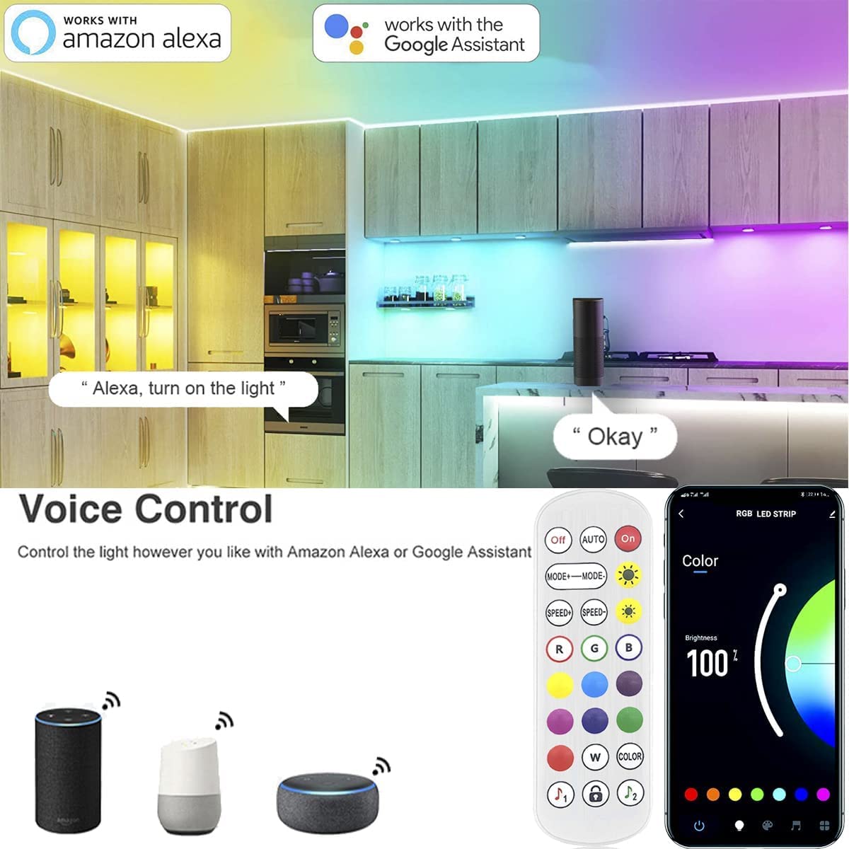 Round RGB Multicolor Dimmable LED Cabinet Lighting Counter Showcase Kitchen Lighting Fixture Compatible with Alexa, Echo, Google Home (no hub Required) with Remote Controlntrol (6 Lights Kit)