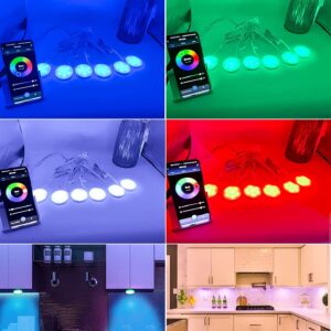 Round RGB Multicolor Dimmable LED Cabinet Lighting Counter Showcase Kitchen Lighting Fixture Compatible with Alexa, Echo, Google Home (no hub Required) with Remote Controlntrol (6 Lights Kit)