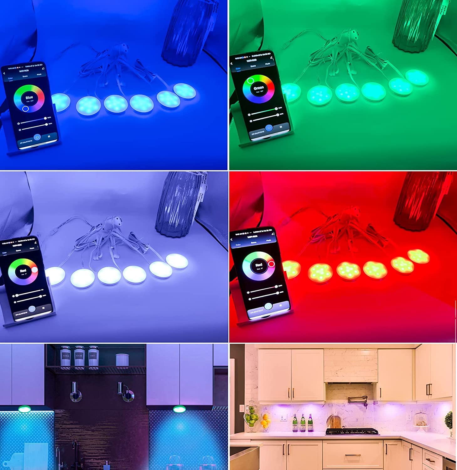 Round RGB Multicolor Dimmable LED Cabinet Lighting Counter Showcase Kitchen Lighting Fixture Compatible with Alexa, Echo, Google Home (no hub Required) with Remote Controlntrol (6 Lights Kit)