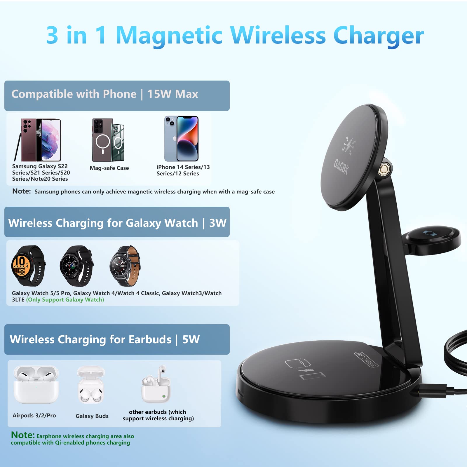 Wireless Charger for Samsung, 3 in 1 Fast Wireless Charging Station for Samsung Galaxy S22/S21/S20/Note 20 Series, Mag-Safe Charging Stand/Dock for Galaxy Watch 5/5 Pro/4/3, Galaxy Buds+/Live