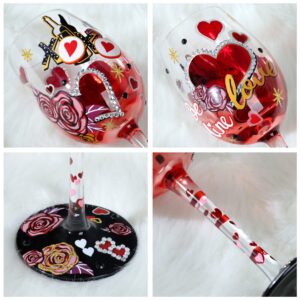 NymphFable Hand Painted Wine Glass Rose Heart Wine Glass for Her Wedding Anniversary Birthday Gift,15oz