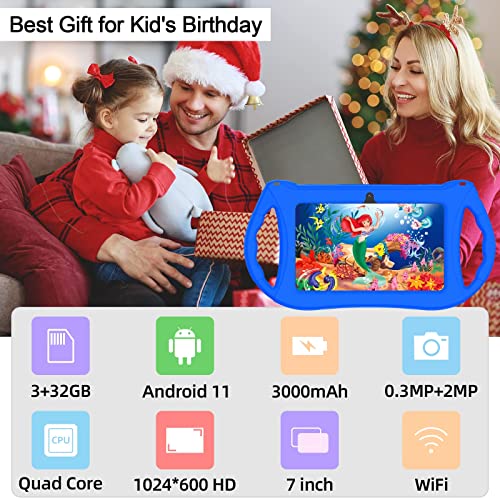 RliyOliy Kids Tablet, 7 inch Android 12 Tablet for Kids, 3GB RAM 32GB ROM Toddler Tablet with Bluetooth, WiFi, GMS, Parental Control, Dual Camera, Educational, Games(Sapphire Blue)