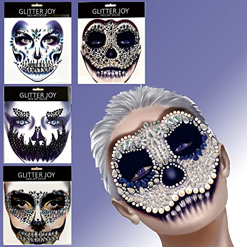 Halloween Face Jewels Gem, 4 Sets Sugar Skull Halloween Face Tattoos Stickers Self-Adhesive Stick on Crystal Rhinestones Rave Face Jewels for Halloween Party Festival Accessories Makeup Kits