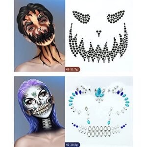 Halloween Face Jewels Gem, 4 Sets Sugar Skull Halloween Face Tattoos Stickers Self-Adhesive Stick on Crystal Rhinestones Rave Face Jewels for Halloween Party Festival Accessories Makeup Kits