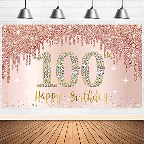 Happy 100th Birthday Banner Backdrop Decorations for Women, Rose Gold 100 Birthday Party Sign Supplies, Pink 100 Year Old Birthday Poster Background Photo Booth Props Decor