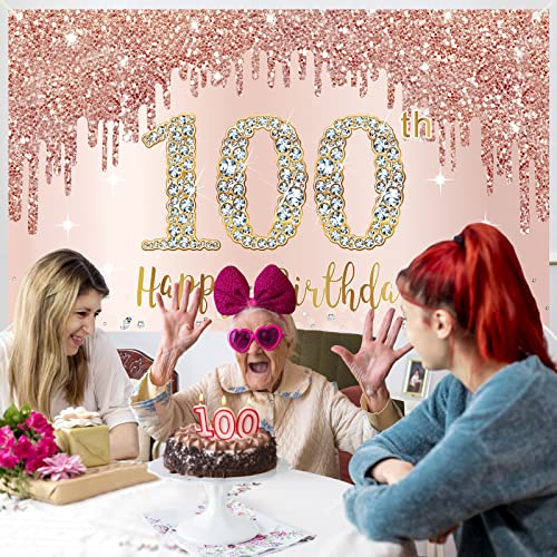 Happy 100th Birthday Banner Backdrop Decorations for Women, Rose Gold 100 Birthday Party Sign Supplies, Pink 100 Year Old Birthday Poster Background Photo Booth Props Decor