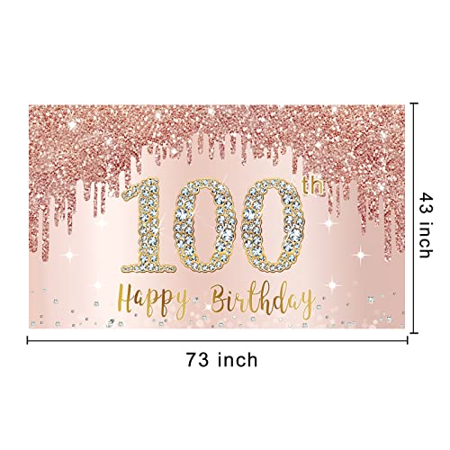 Happy 100th Birthday Banner Backdrop Decorations for Women, Rose Gold 100 Birthday Party Sign Supplies, Pink 100 Year Old Birthday Poster Background Photo Booth Props Decor