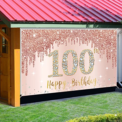 Happy 100th Birthday Banner Backdrop Decorations for Women, Rose Gold 100 Birthday Party Sign Supplies, Pink 100 Year Old Birthday Poster Background Photo Booth Props Decor