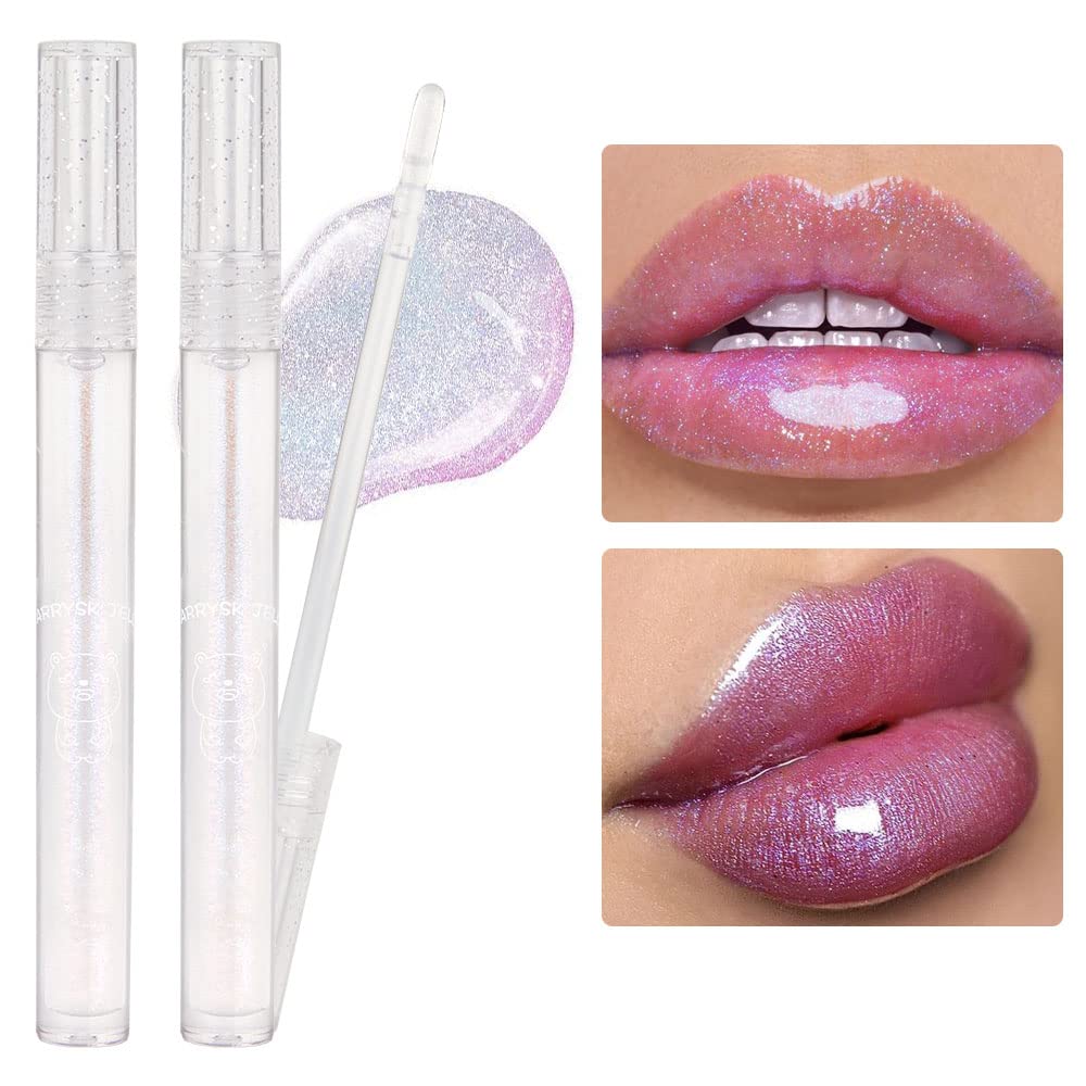 evpct 2Pcs Clear Blue Holographic Glitter Shimmer Plumping Lip Gloss Glosses Set Kit Clear Pack,Hydrating Moisturizing Glossy Shiny Glimmer Golw Water Transparent Lipstick Lip Gloss Care 5g/0.176oz