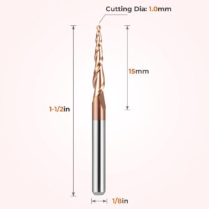 HQMaster Tapered Ball Nose End Mill 1/8 inch Shank Tungsten Carbide Cutter 3D Woodworking Tool CNC Router Bits (D=1.0mm)