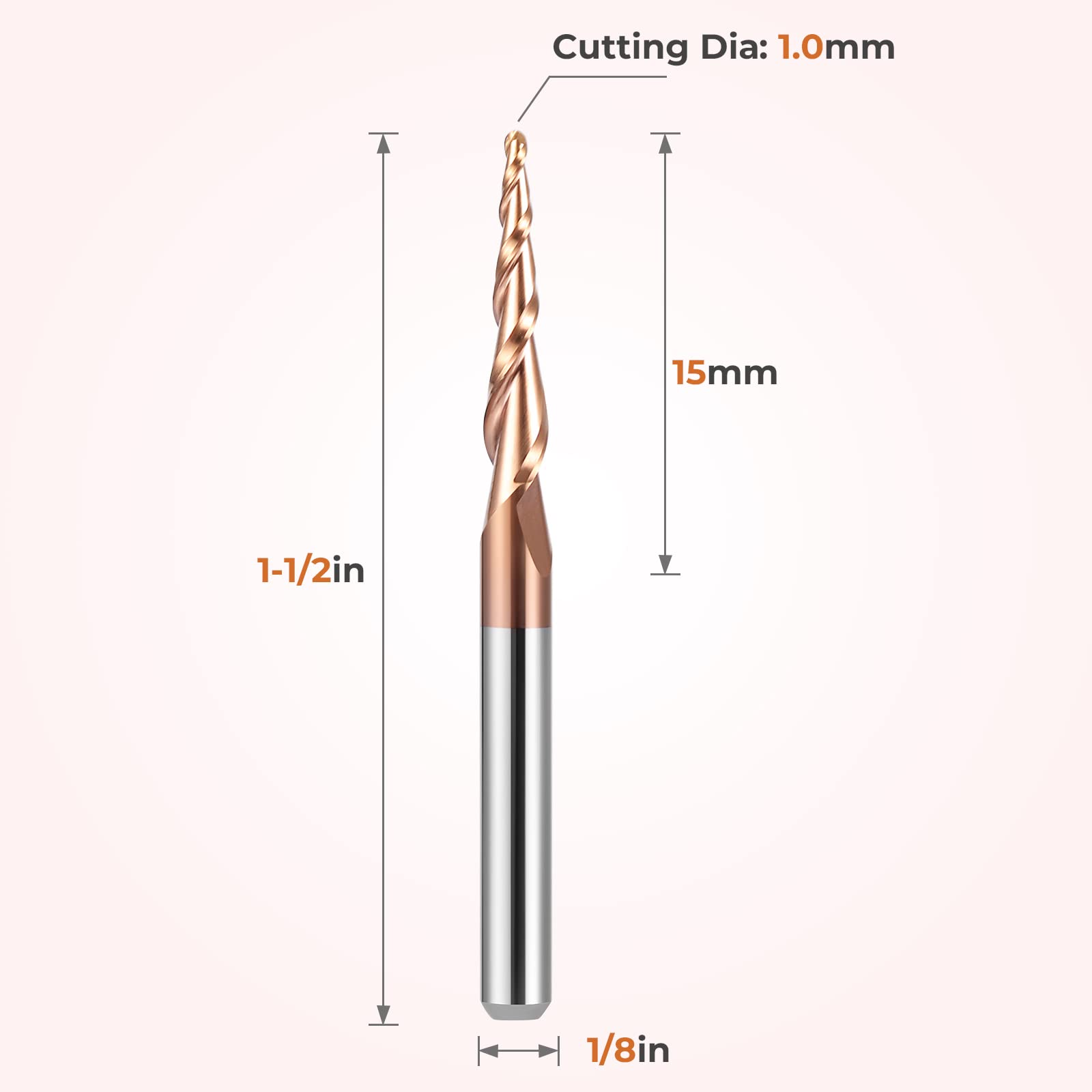 HQMaster Tapered Ball Nose End Mill 1/8 inch Shank Tungsten Carbide Cutter 3D Woodworking Tool CNC Router Bits (D=1.0mm)