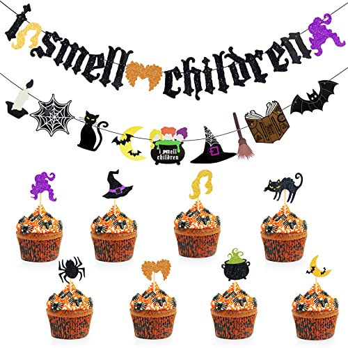 HAUTOCO I Smell Children Banner Glitter Hocus Pocus Banner Halloween Banner Party Decorations, Halloween Witch Party Supplies, Halloween Bat Spider Web Cupcake Toppers for Home Fireplace Mantel Decor