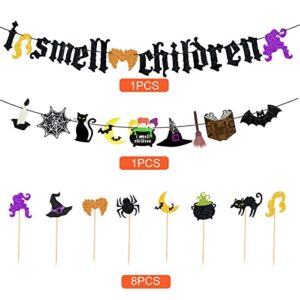 HAUTOCO I Smell Children Banner Glitter Hocus Pocus Banner Halloween Banner Party Decorations, Halloween Witch Party Supplies, Halloween Bat Spider Web Cupcake Toppers for Home Fireplace Mantel Decor