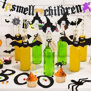 HAUTOCO I Smell Children Banner Glitter Hocus Pocus Banner Halloween Banner Party Decorations, Halloween Witch Party Supplies, Halloween Bat Spider Web Cupcake Toppers for Home Fireplace Mantel Decor