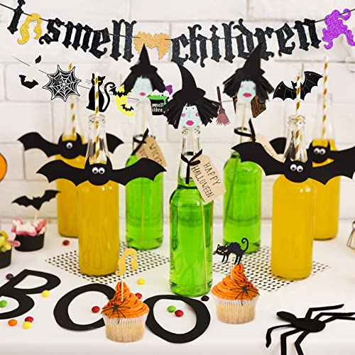 HAUTOCO I Smell Children Banner Glitter Hocus Pocus Banner Halloween Banner Party Decorations, Halloween Witch Party Supplies, Halloween Bat Spider Web Cupcake Toppers for Home Fireplace Mantel Decor